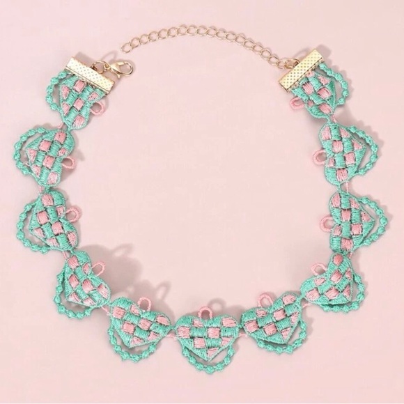 Jewelry | Sweetheart Collar Checkered Crochet Pink Green Pastel Heart ...